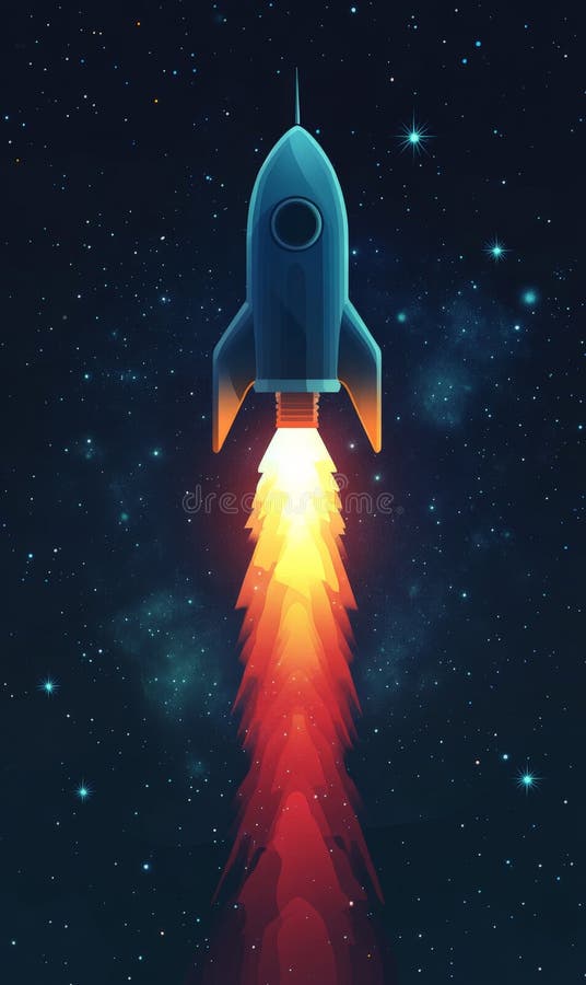 A Stylized Rocket Launching into a Star-filled Space with Vivid Orange ...
