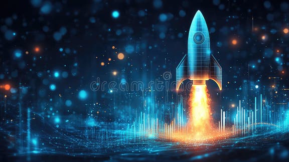 Stylized Rocket Launching Upwards with Upward Graphs on Blue Background ...