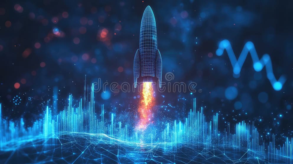 Stylized Rocket Launching Upwards with Upward Graphs on Blue Background ...