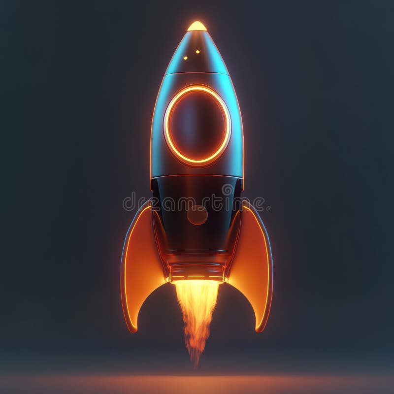 A Stylized Rocket Launching with Vibrant Colors and Flames Stock ...
