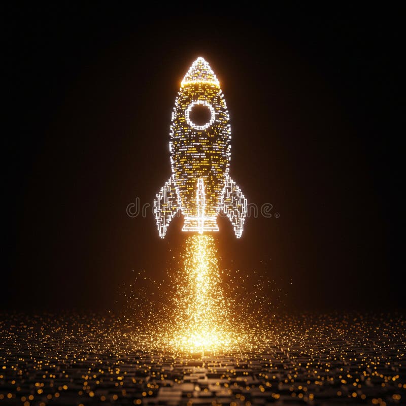 A Stylized Rocket Made of Glowing Lights and Particles Appears To ...