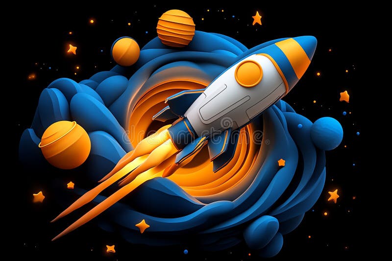 A Stylized Rocket Ship Launches into Space, Surrounded by Abstract ...