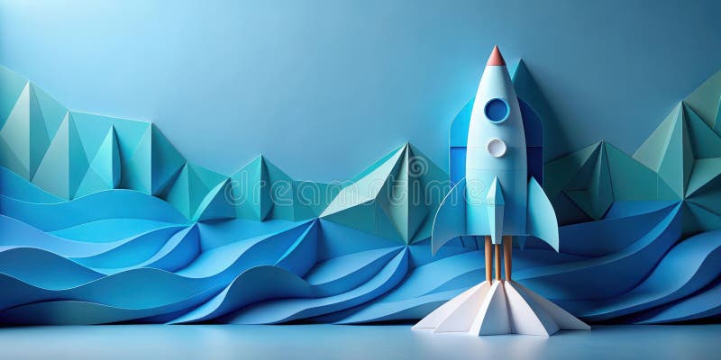 Stylized Rocket Ship Soaring Above Abstract Blue Paper Landscape ...