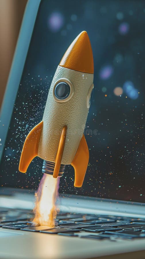 Stylized Rocket Shooting Out of a Laptop Screen Stock Illustration ...