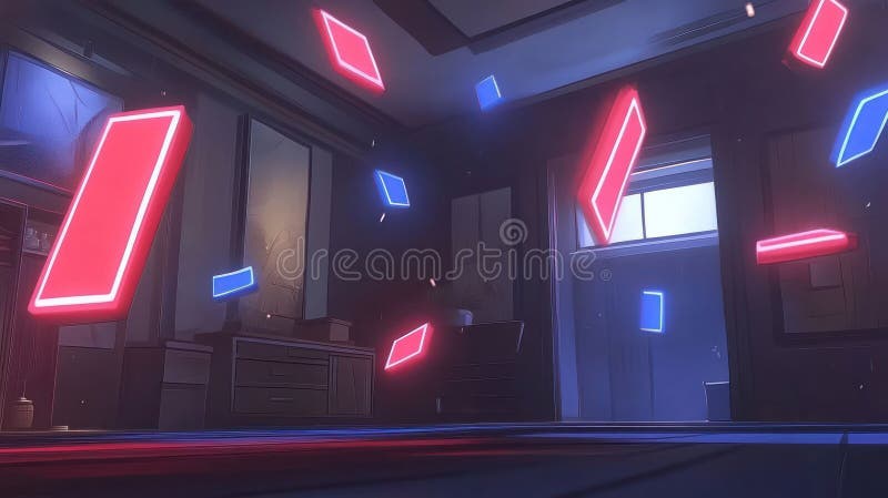 A Stylized Room with Floating Red and Blue Rectangles, Suggesting a ...