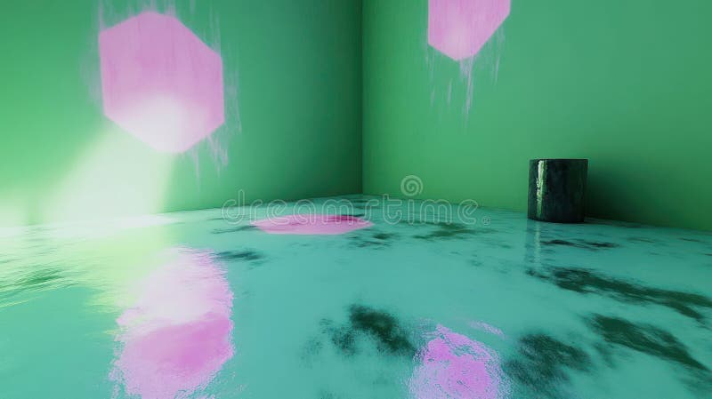 Abstract Green Room with Pink Reflections and Dark Cylinder Stock ...