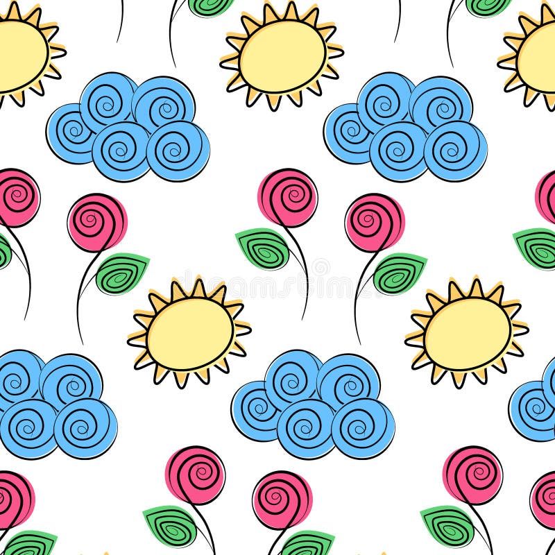 Stylized Roses on Stem Cloud Sun Seamless Pattern Summer Abstract ...