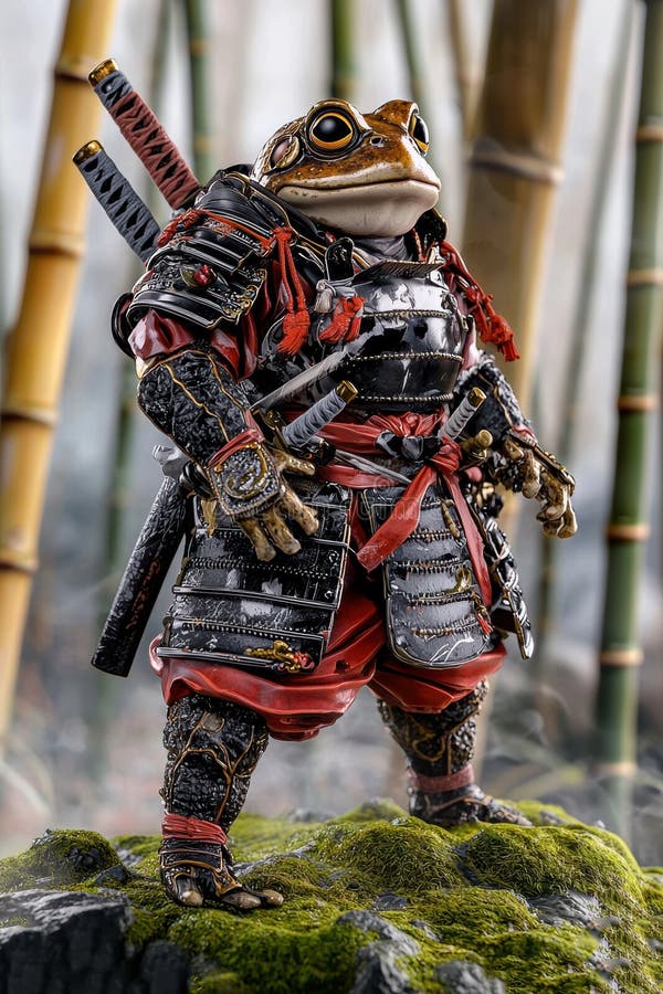 Stylized Samurai Frog in Traditional Armor Amidst Bamboo Forest Setting ...