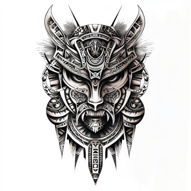 Stylized Samurai Mask Drawing with Intricate Details and Sharp Features ...