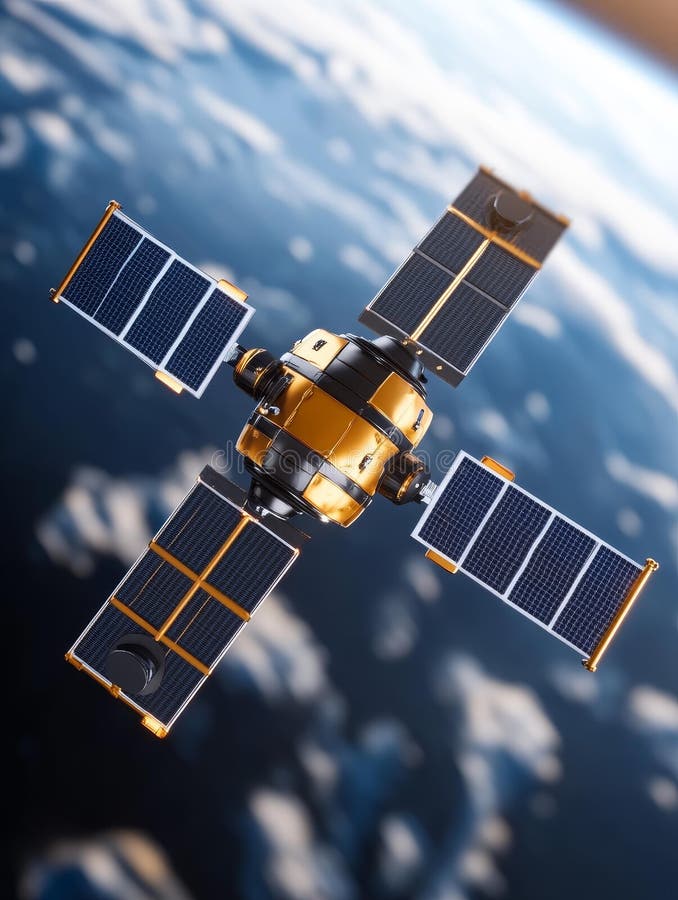 Stylized Satellite Solar Panels Orbit Earth a Futuristic Satellite with ...