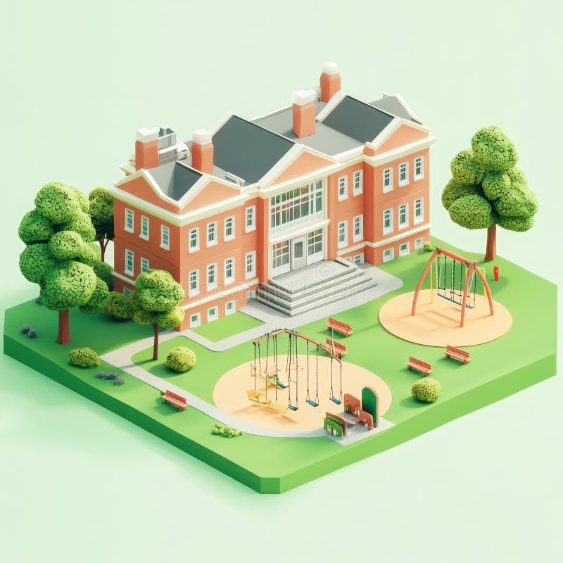 A Stylized School Building with Playgrounds, Showcasing a Vibrant ...