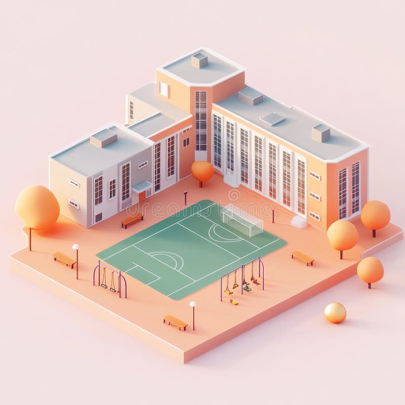 A Stylized School Building with a Sports Field and Playground Stock ...