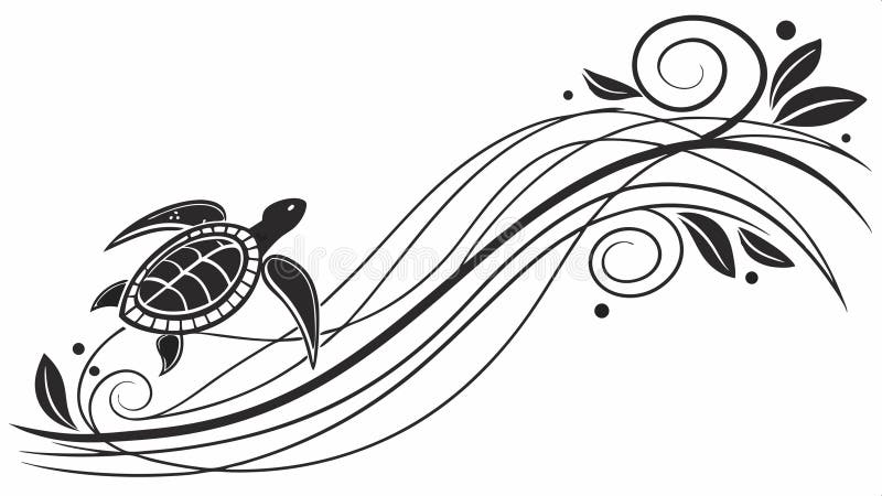Stylized Sea Turtle with Decorative Swirling Waves Element Vector ...