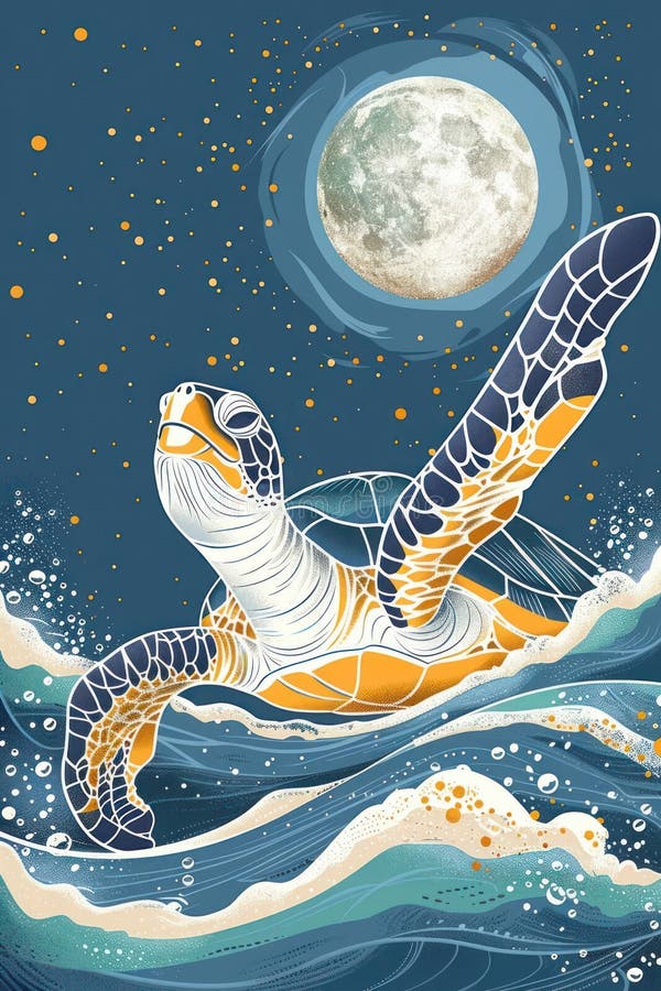 Majestic Sea Turtle Under the Full Moon, Ocean Night Scene Stock ...