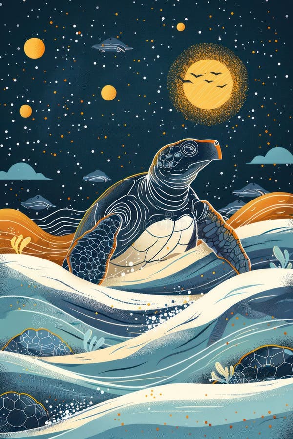 Serene Sea Turtle Under Night Sky: Majestic Ocean Creature Stock ...