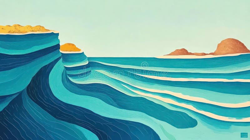 A Stylized Seascape Featuring Layered Waves and Distant Islands Under a ...