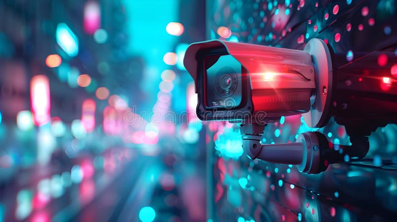 Stylized Security Camera in a Neon-Lit Cityscape Stock Illustration ...
