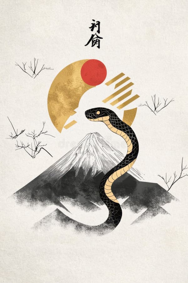 Stylized Serpent and Mountain with Japanese Calligraphy Background ...