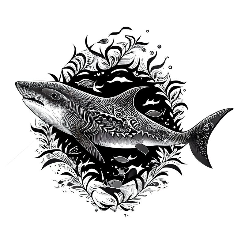 Stylized Shark in Water, Circular Black White Illustration, AI ...