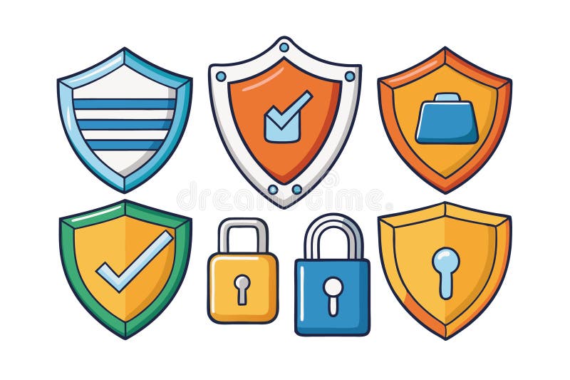 Stylized Shields and Locks with Vibrant Colors Representing Security ...