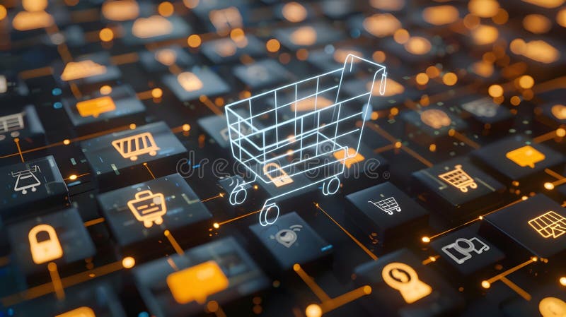 Stylized Digital Shopping Cart on a Futuristic Screen Stock ...