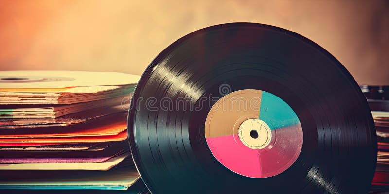 Stylized Shot of Vinyl Records with Colorful Labels Stock Illustration ...