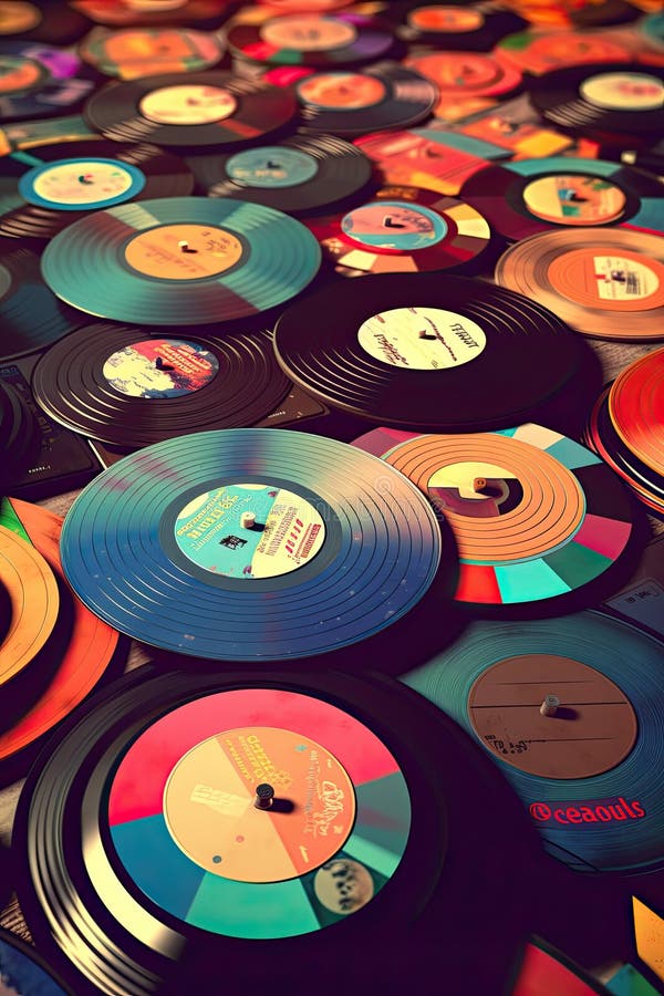 Stylized Shot of Vinyl Records with Colorful Labels Stock Illustration ...