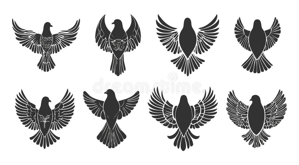 Stylized Silhouettes of Doves in Flight with Intricate Patterns Stock ...