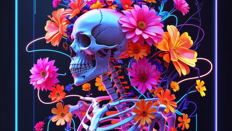 Stylized Skeleton with Colorful Flowers and Neon Elements in Side ...