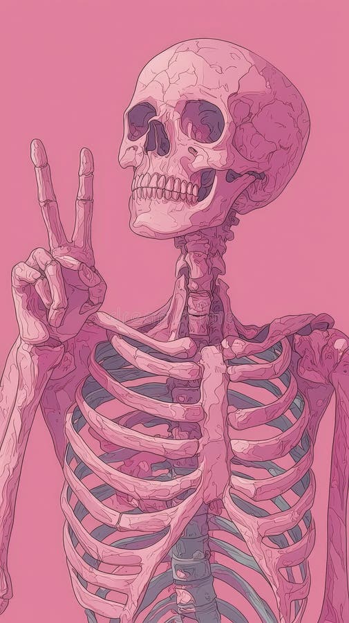 Stylized Skeleton Making a Peace Sign on Monochrome Pink Background ...