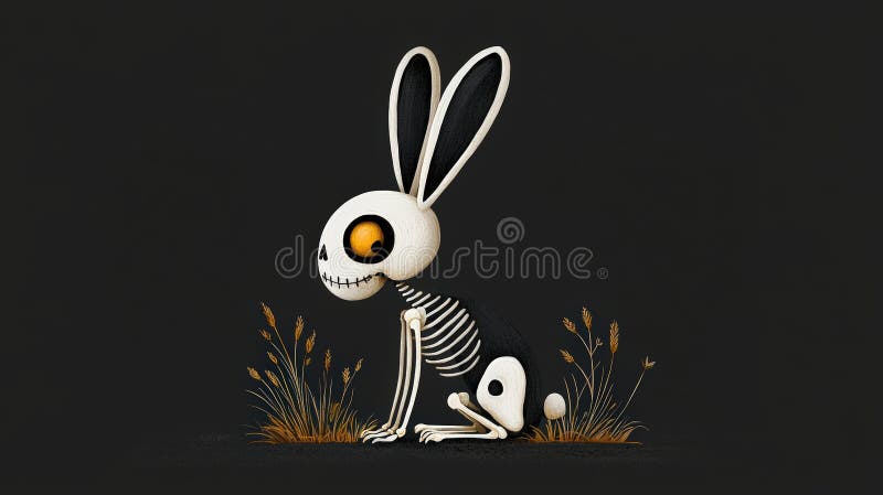Stylized Skeleton Rabbit Character with Big Eyes Sitting among Grass ...