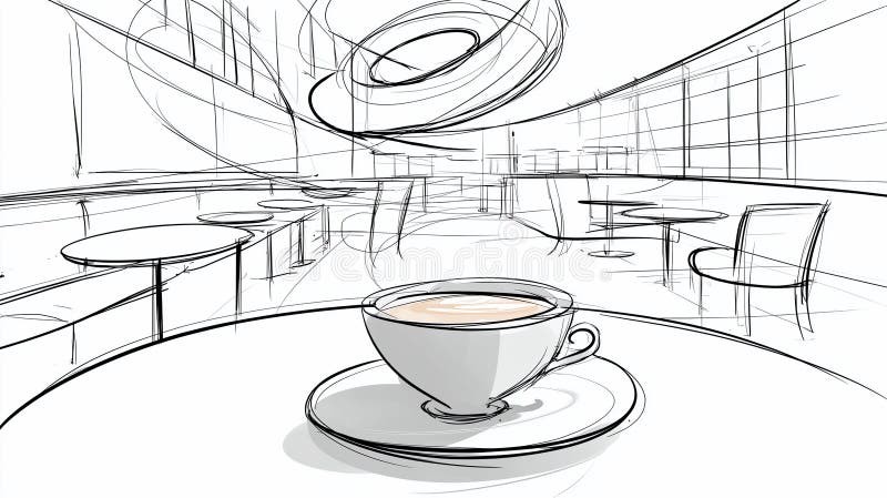 A Stylized Sketch of a Modern Café Interior Featuring Minimalist Design ...