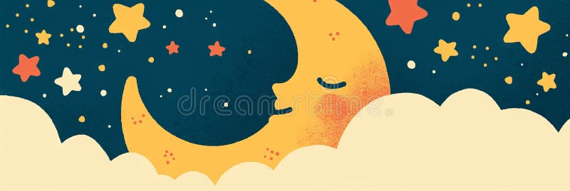 Stylized Sleeping Moon with Stars in a Tranquil Night Sky Setting Stock ...