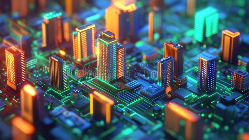 Stylized Smart City Infrastructure Visualized through Digital Art Stock ...