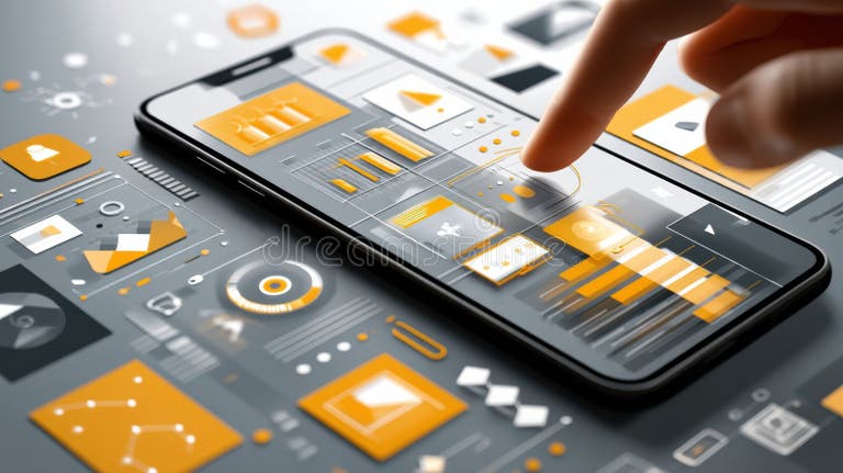 Stylized Smartphone App Interface with User Engaging and Touching the ...
