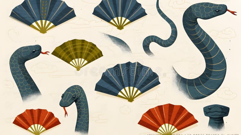 Stylized Snake and Fan Illustrations in Vibrant Colors Stock ...