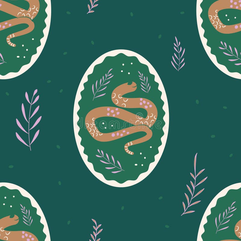 Stylized Snake in Oval Frames Repeat Pattern on Dark Green Background ...
