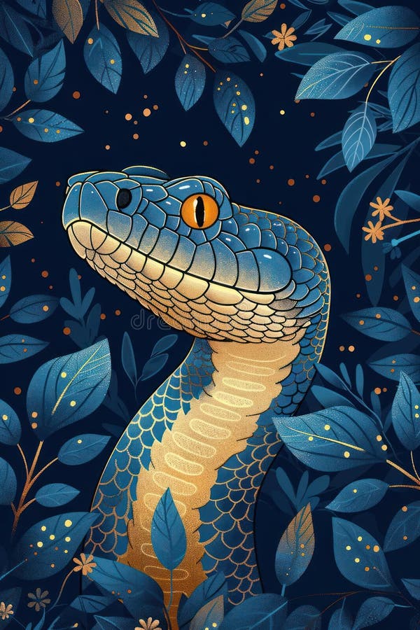 Elegant Blue and Gold Snake in Lush Foliage Stock Illustration ...