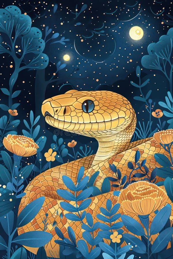 Golden Snake in Night Blooming Flowers Stock Illustration ...