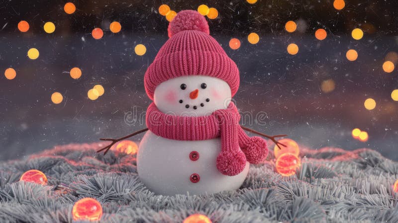 Stylized Snowman with Pink Hat in Festive Scene Stock Illustration ...