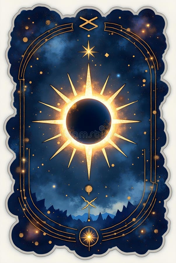 Stylized Solar Eclipse with Celestial Elements Stock Illustration ...