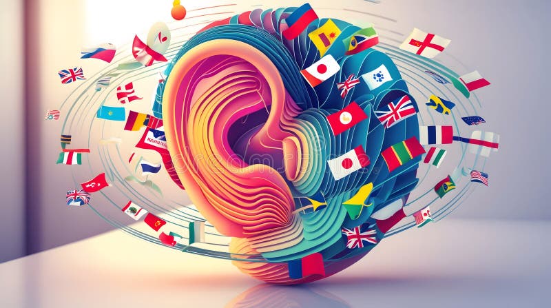 Stylized Soundwave Ear with Orbiting Language Elements Including Flags ...