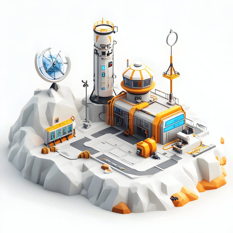 Stylized Space Station Complex on a Rocky Outcrop Stock Illustration ...