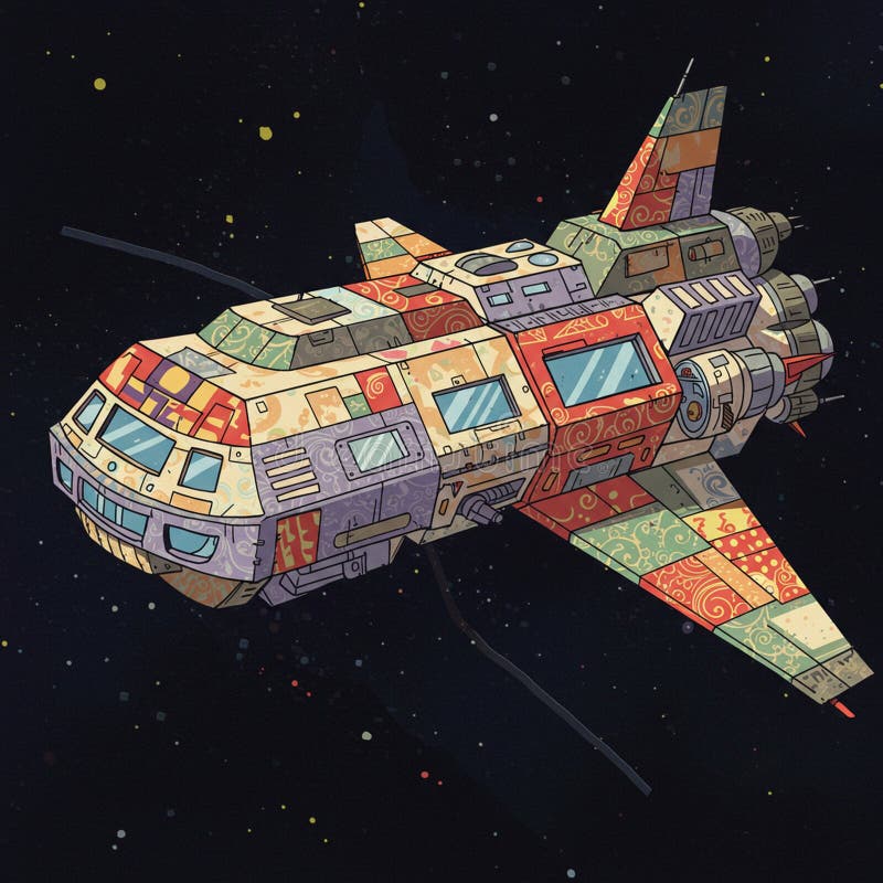 A Stylized Spaceship in a Cosmic Setting Features a Vibrant Patchwork ...