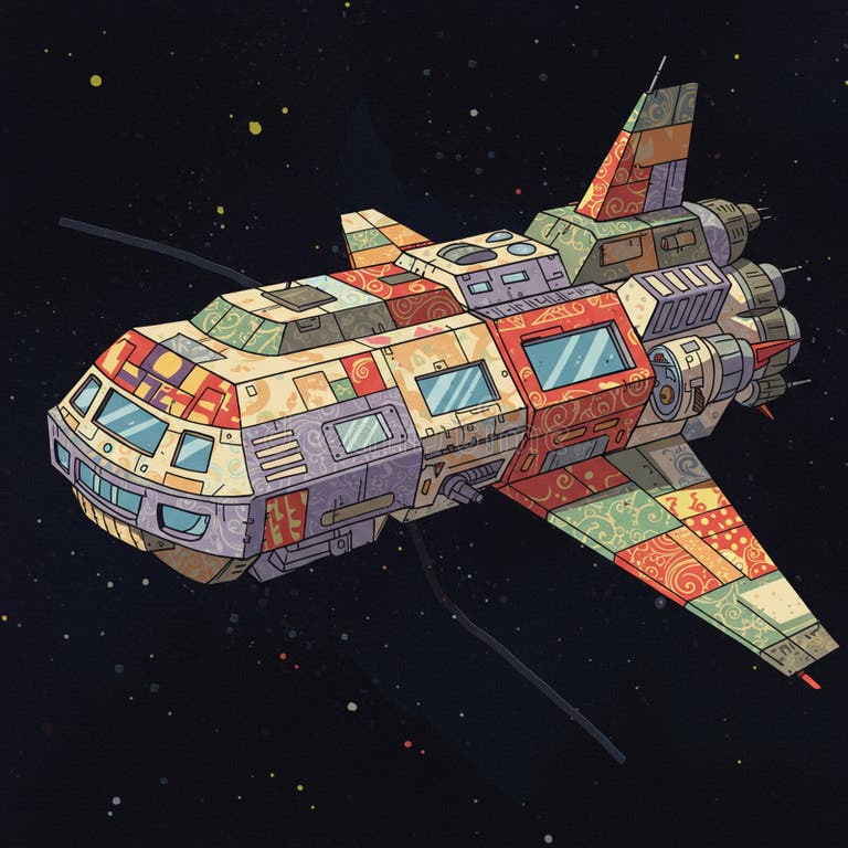 A Stylized Spaceship in a Cosmic Setting Features a Vibrant Patchwork ...