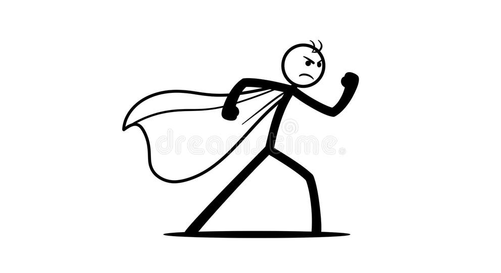 Determined Stick Figure Strides Forward with Cape Isolated on White ...