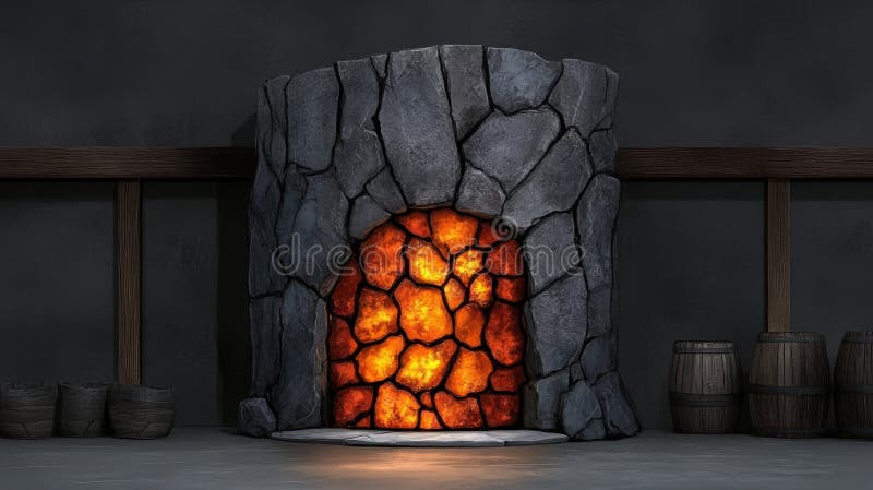 Stylized Stone Fireplace with Glowing Embers Dark Rustic Background ...
