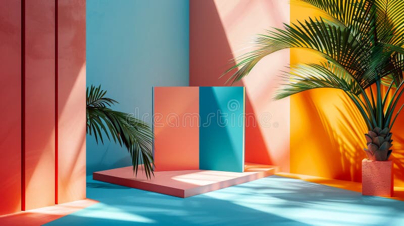 Colorful Studio Backdrop with Palm Tree and Sunlight Stock Illustration ...