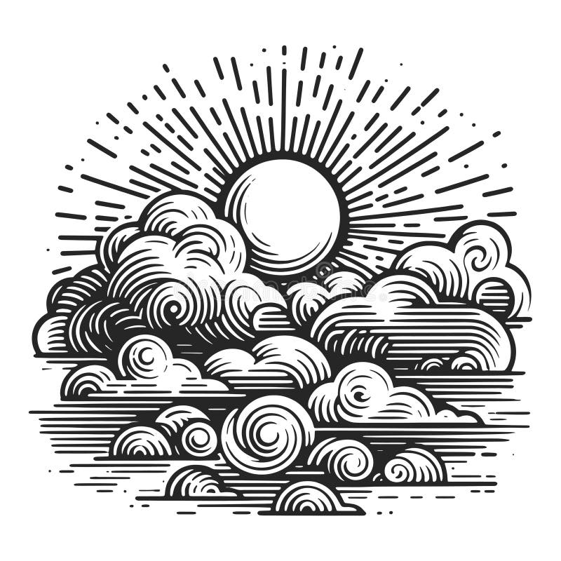 Stylized Sun Clouds Engraving Illustration Vector Stock Vector ...