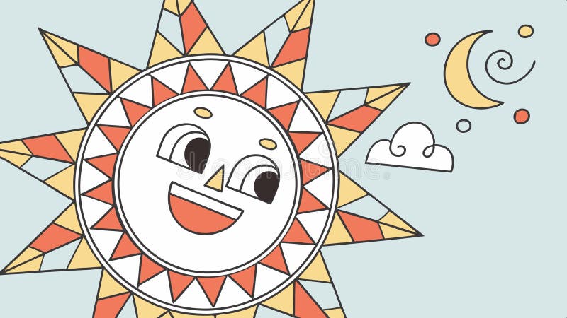 Stylized Sun with Face, Clouds, and Crescent Moon Vector Design ...